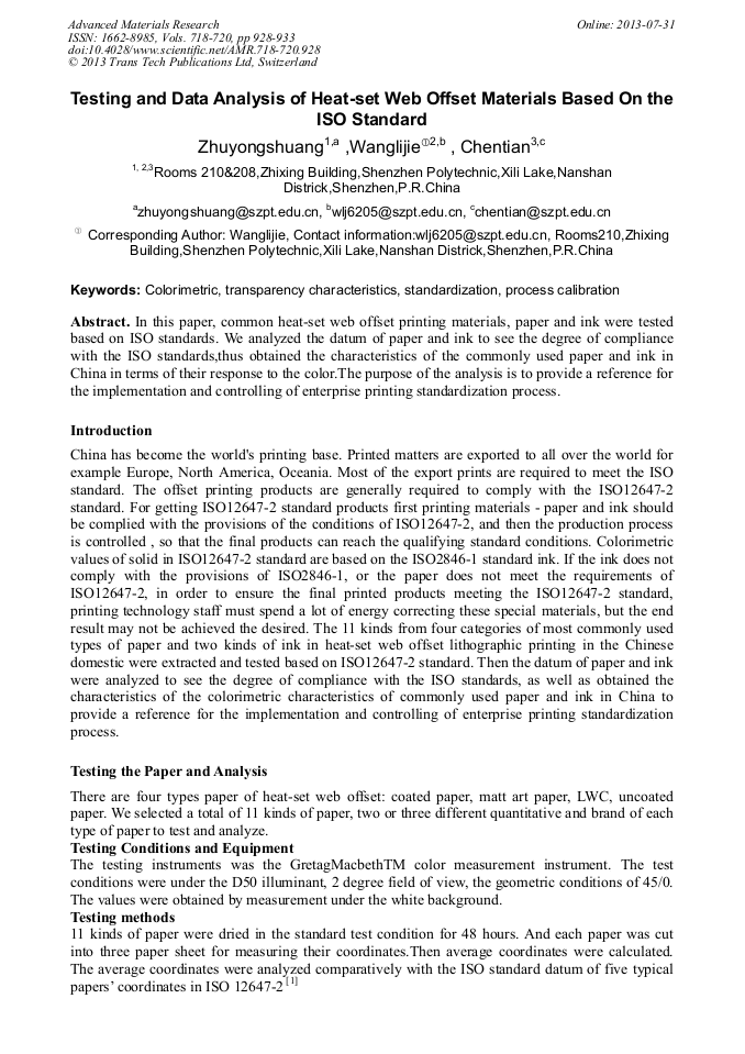 Testing and Data Analysis of Heat-Set Web Offset Materials Based on the ...