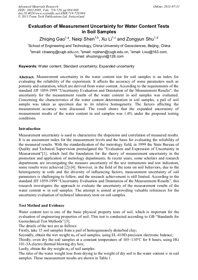 Evaluation of Measurement Uncertainty for Water Content Tests in Soil ...