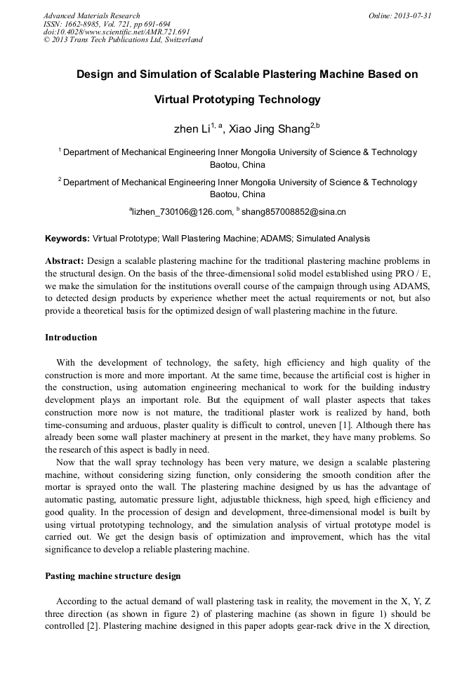 Design and Simulation of Scalable Plastering Machine Based on Virtual ...