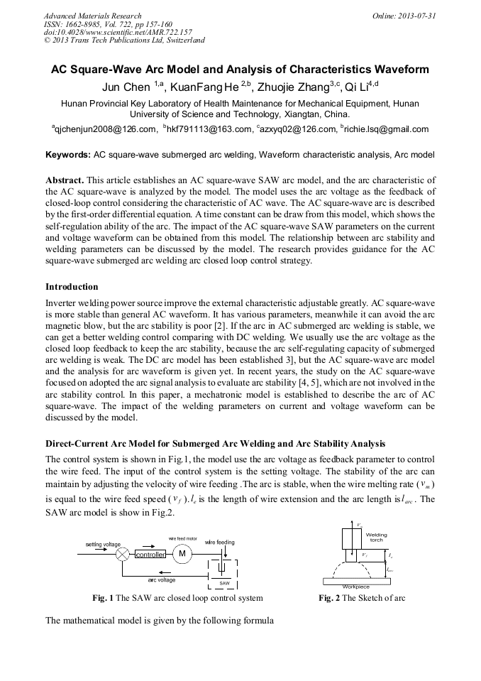 AC Square-Wave Arc Model and Analysis of Characteristics Waveform ...