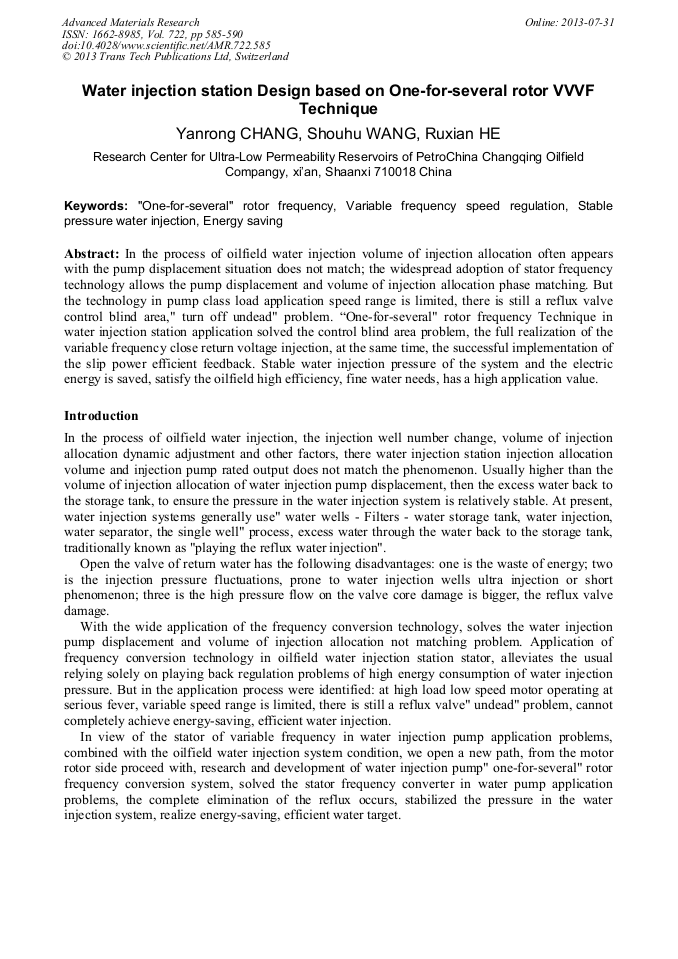 Water Injection Station Design Based on One-For-Several Rotor VVVF ...