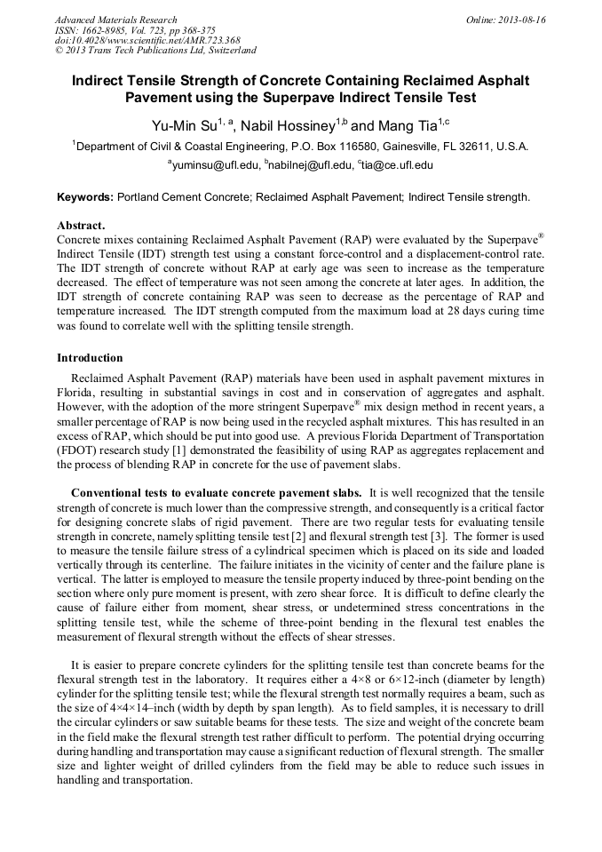 Indirect Tensile Strength of Concrete Containing Reclaimed Asphalt ...