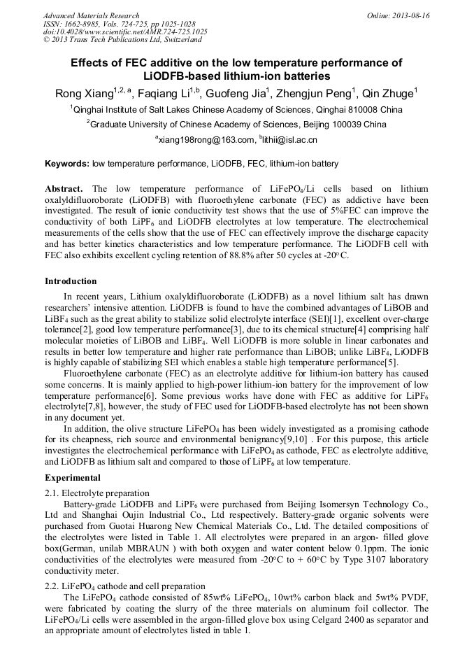 Effects of FEC Additive on the Low Temperature Performance of LiODFB ...