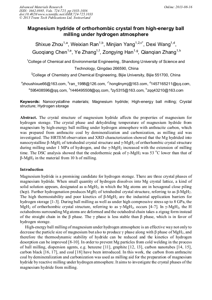 Magnesium Hydride of Orthorhombic Crystal from High-Energy Ball Milling ...