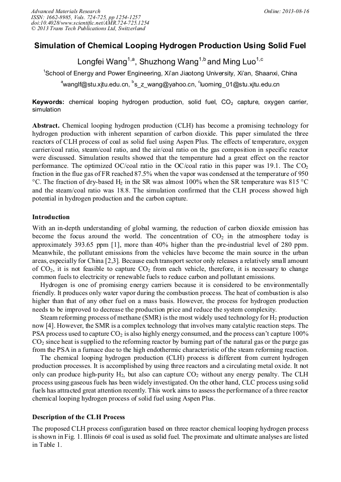 Simulation of Chemical Looping Hydrogen Production Using Solid Fuel ...