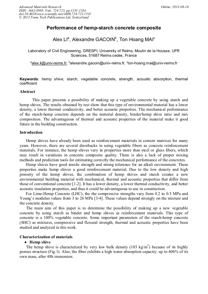 Performance of Hemp-Starch Concrete Composite | Scientific.Net