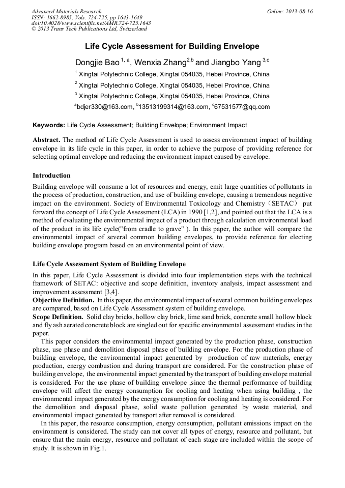 Life Cycle Assessment for Building Envelope | Scientific.Net