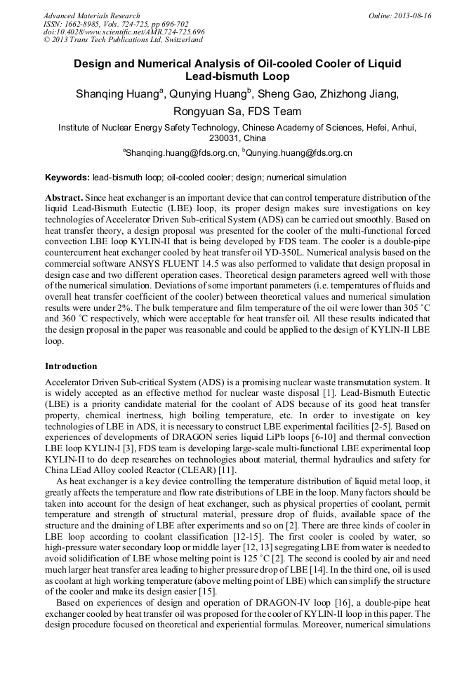Design and Numerical Analysis of Oil-Cooled Cooler of Liquid Lead ...