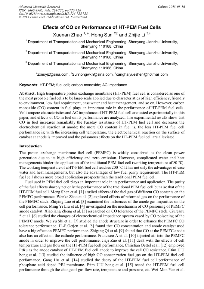 Effects of CO on Performance of HT-PEM Fuel Cells | Scientific.Net