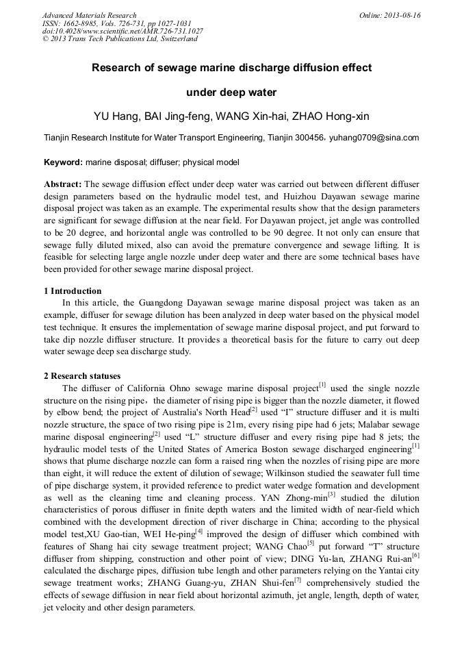 Research of Sewage Marine Discharge Diffusion Effect under Deep Water ...