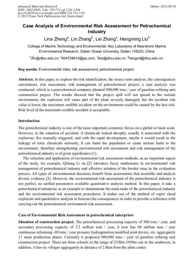 Case Analysis of Environmental Risk Assessment for Petrochemical ...