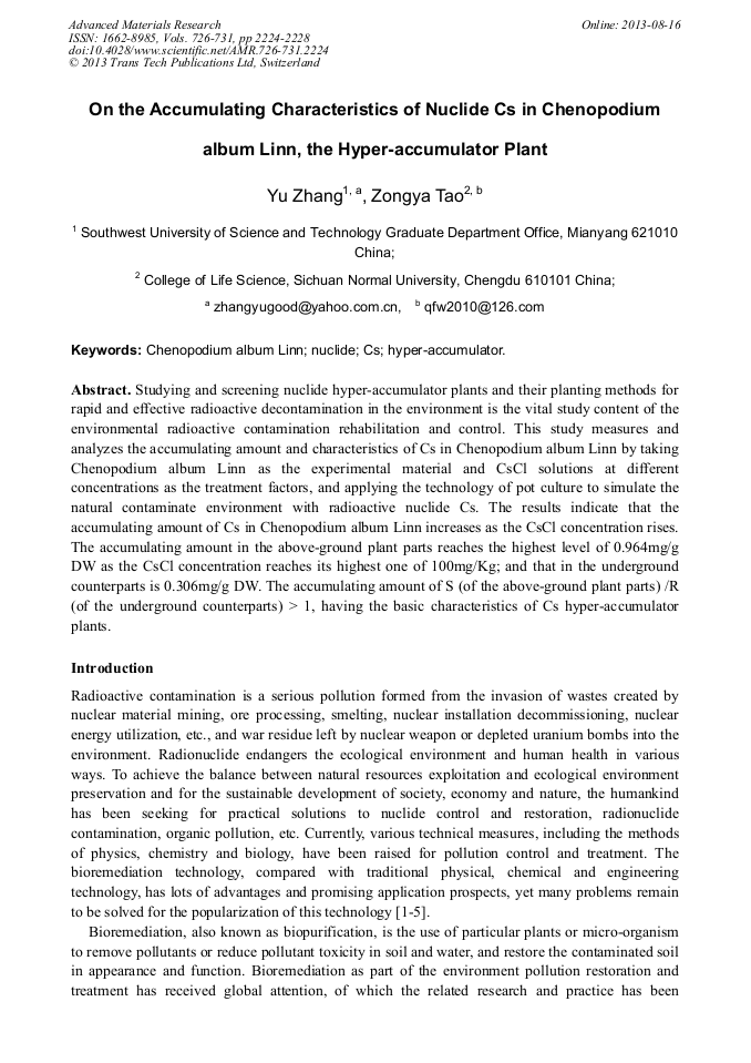 On the Accumulating Characteristics of Nuclide Cs in Chenopodium Album ...