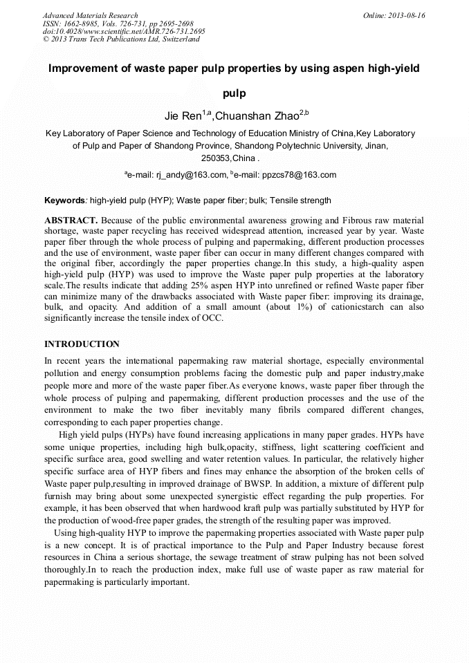 Improvement of Waste Paper Pulp Properties by Using Aspen High-Yield ...