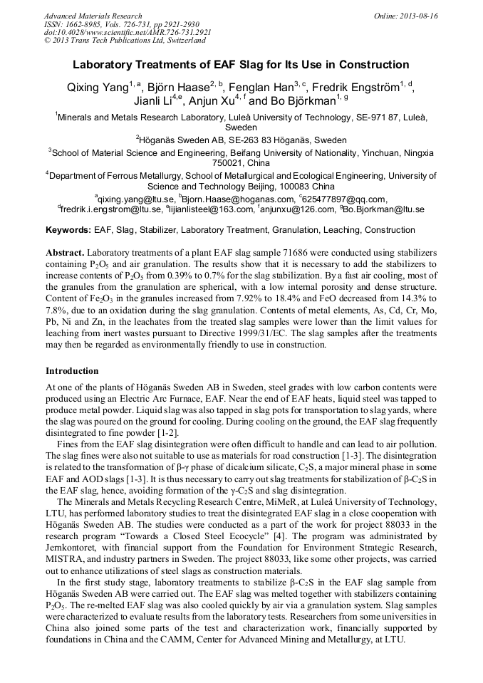 Laboratory Treatments of EAF Slag for its Use in Construction ...