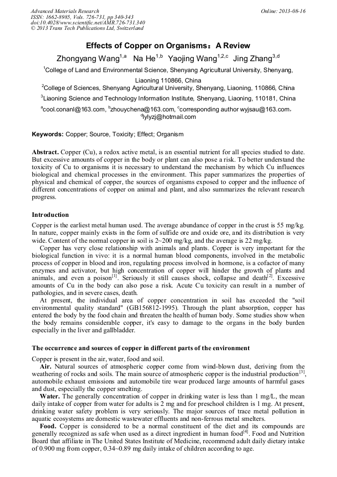 Effects of Copper on Organisms: A Review | Scientific.Net