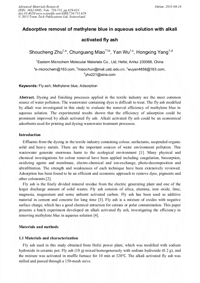 Adsorptive Removal of Methylene Blue in Aqueous Solution with Alkali ...