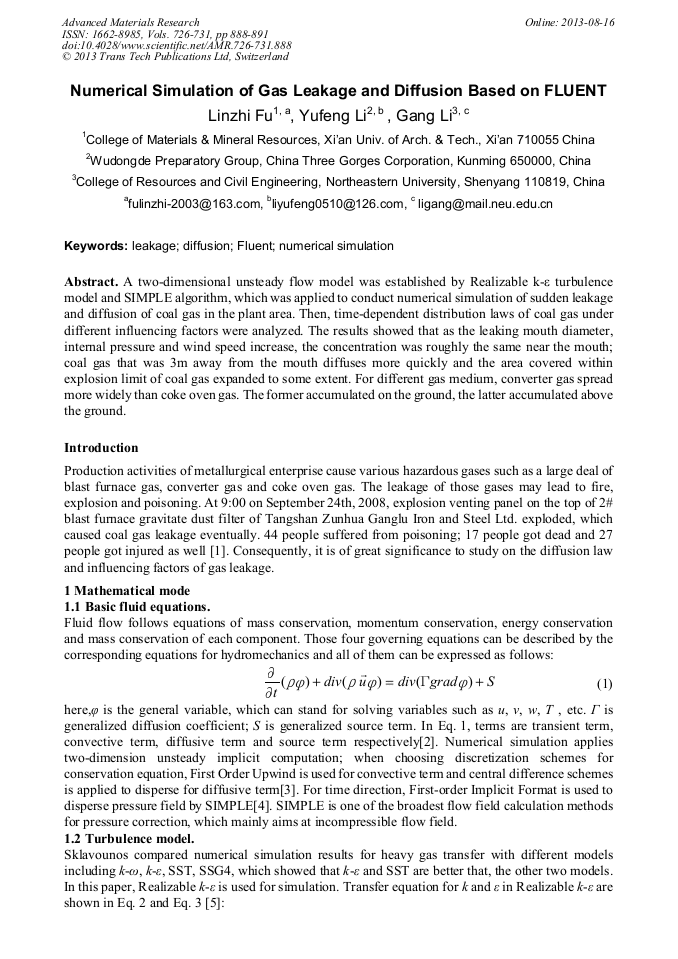 Numerical Simulation of Gas Leakage and Diffusion Based on FLUENT ...