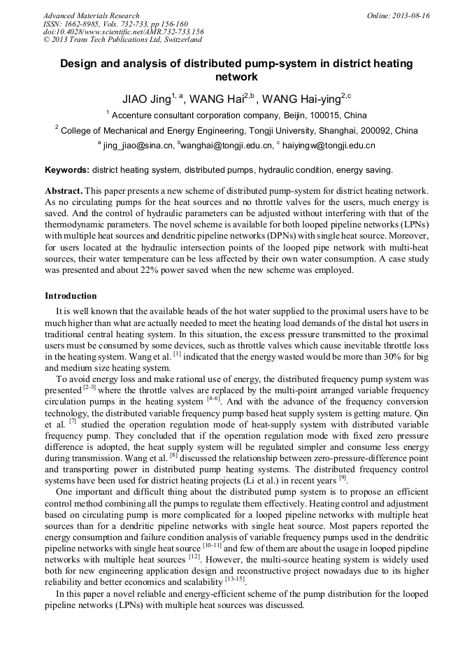 Design and Analysis of Distributed Pump-System in District Heating ...