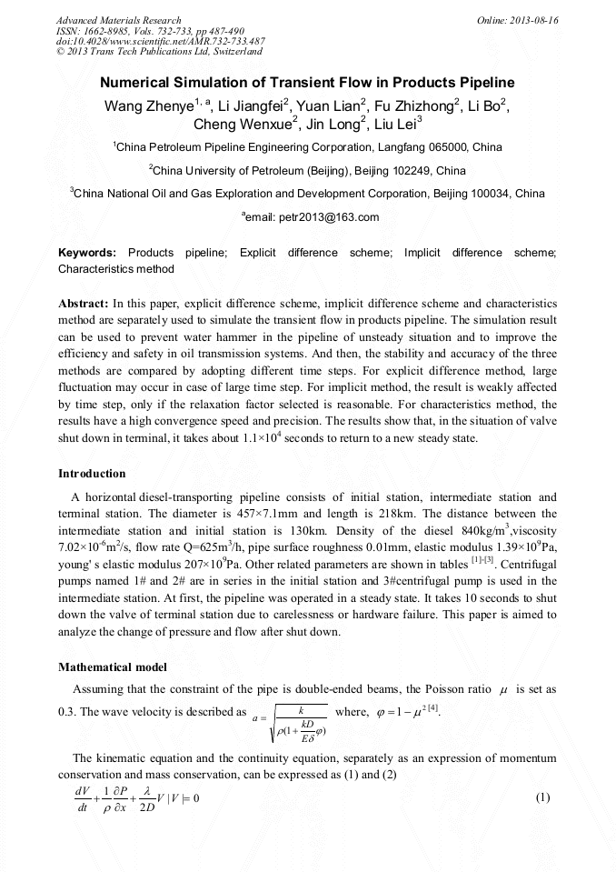 Numerical Simulation of Transient Flow in Products Pipeline ...