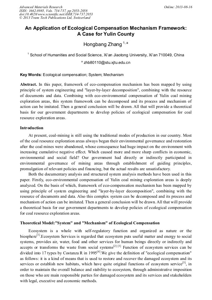 An Application of Ecological Compensation Mechanism Framework: A Case ...