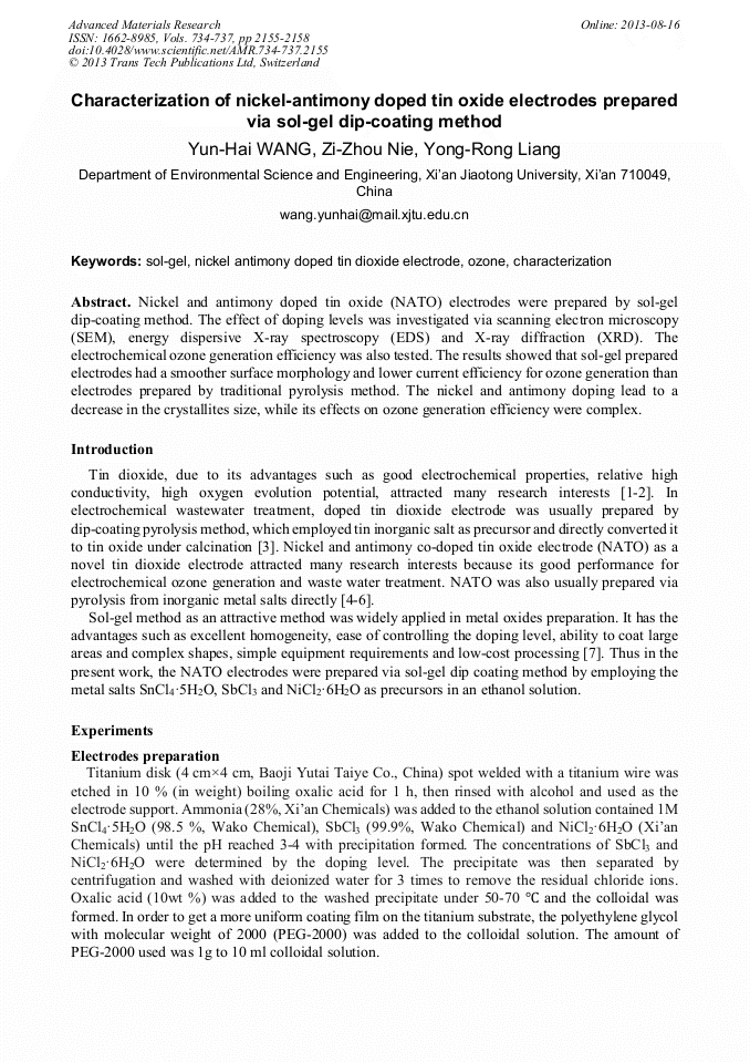 Characterization of Nickel-Antimony Doped Tin Oxide Electrodes Prepared ...