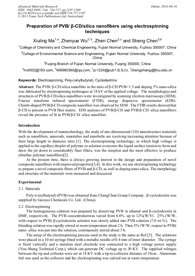 Preparation of PVB/ β-CD/Silica Nanofibers Using Electrospinning Techniques | Scientific.Net