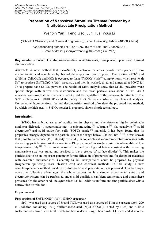 Preparation of Nanosized Strontium Titanate Powder by a ...