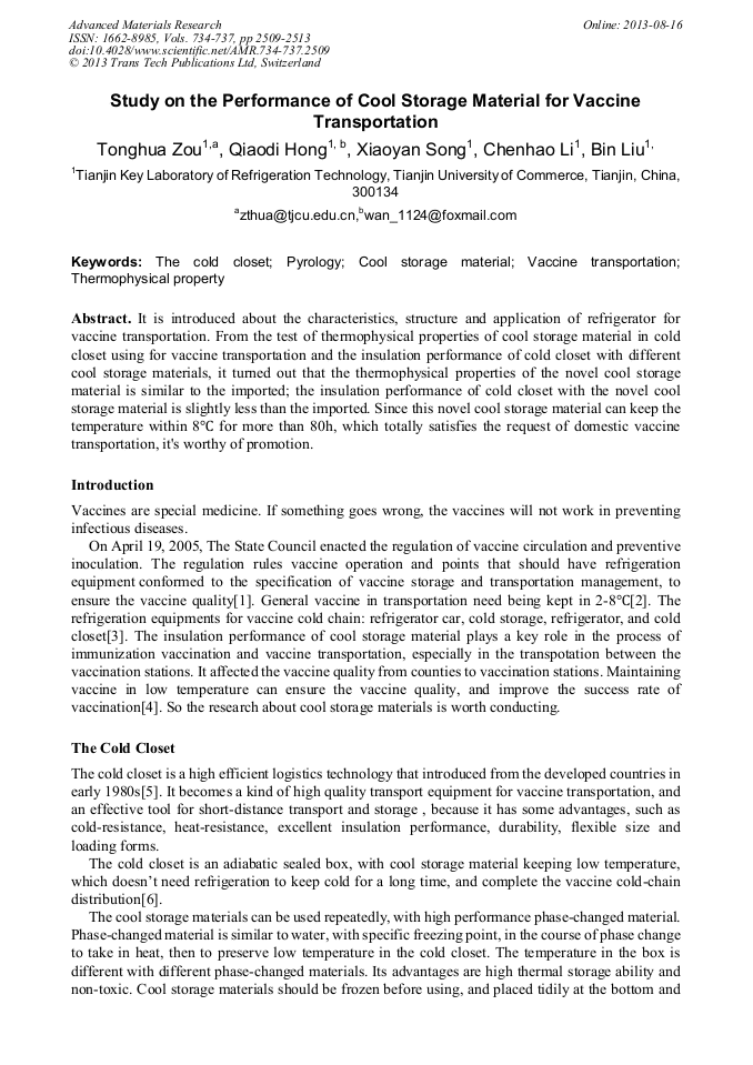 Study on the Performance of Cool Storage Material for Vaccine ...