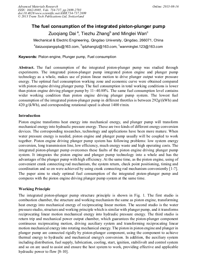 The Fuel Consumption of the Integrated Piston-Plunger Pump | Scientific.Net