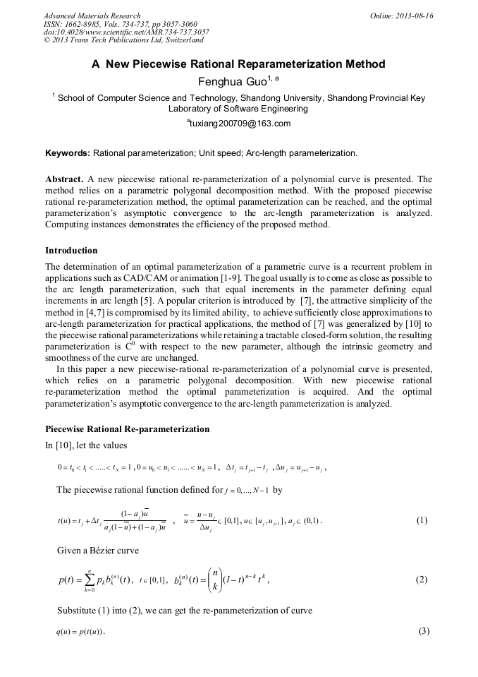 A New Piecewise Rational Reparameterization Method | Scientific.Net