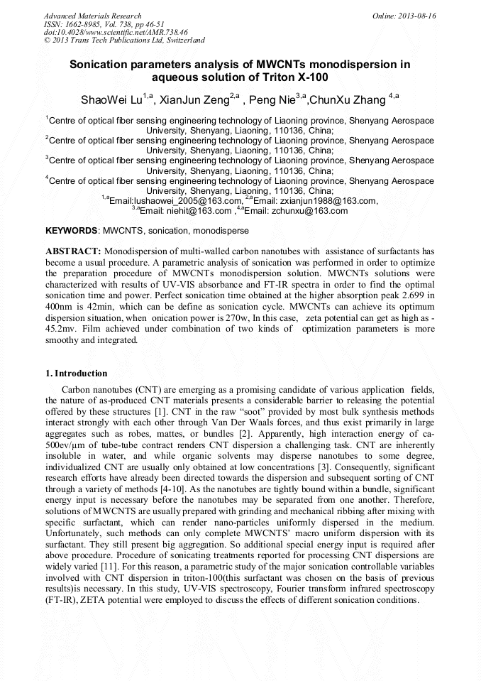 Sonication Parameters Analysis of MWCNTs Monodispersion in Aqueous ...