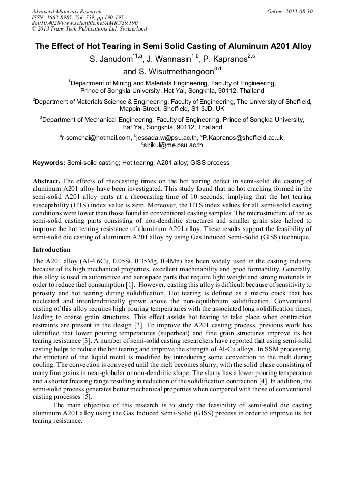 The Effect of Hot Tearing in Semi Solid Casting of Aluminum A201 Alloy ...