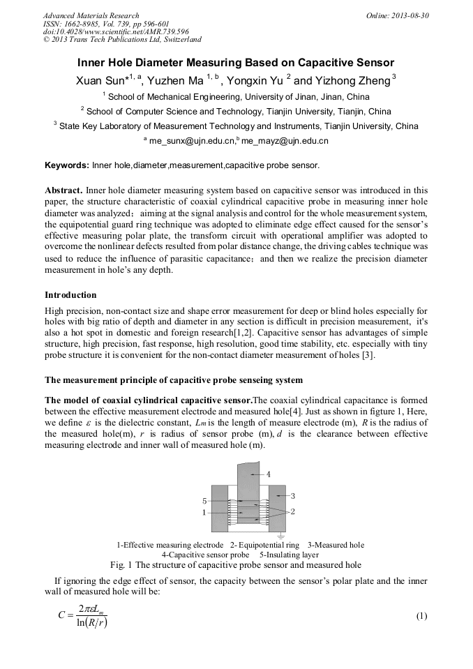 Inner Hole Diameter Measuring Based on Capacitive Sensor | Scientific.Net