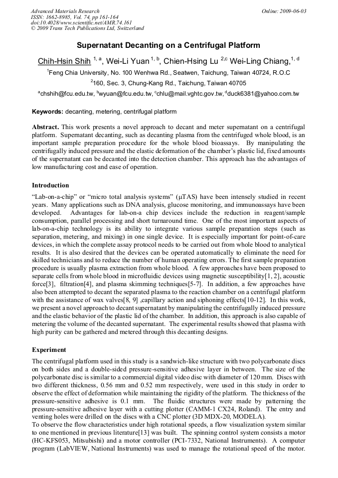 Supernatant Decanting on a Centrifugal Platform | Scientific.Net
