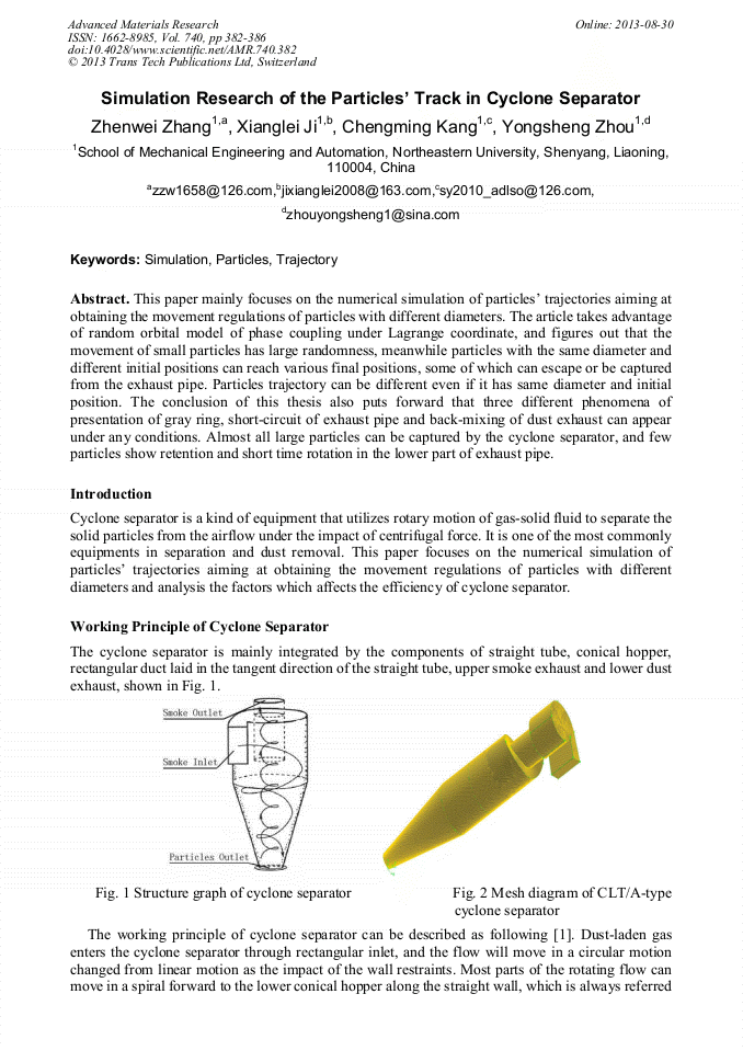 Simulation Research of the Particles’ Track in Cyclone Separator | Scientific.Net