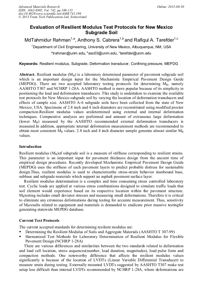Evaluation of Resilient Modulus Test Protocols for New Mexico Subgrade ...