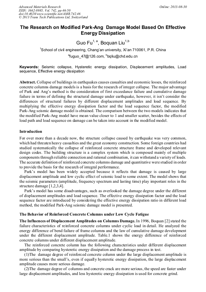 The Research on Modified Park-Ang Damage Model Based on Effective ...