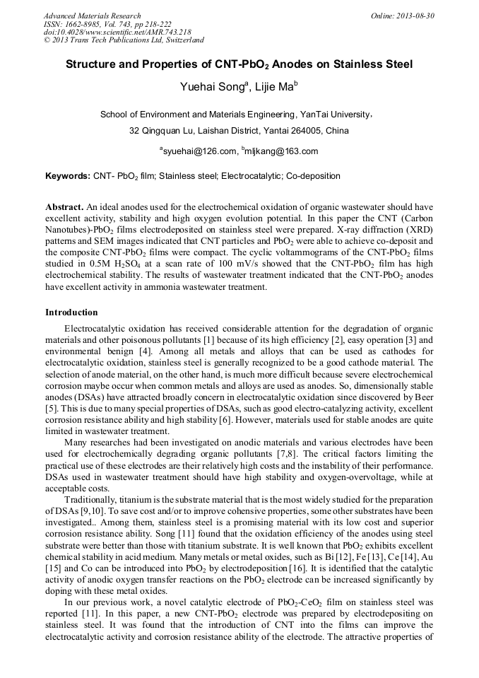 Structure and Properties of CNT-PbO2 Anodes on Stainless Steel ...