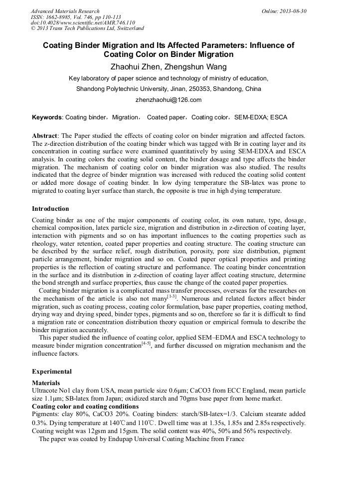 Coating Binder Migration and its Affected Parameters: Influence of ...