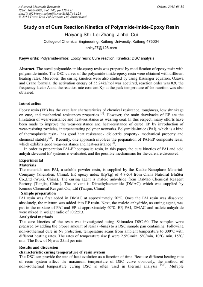 Study on of Cure Reaction Kinetics of Polyamide-Imide-Epoxy Resin ...