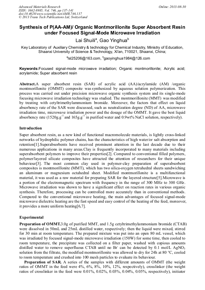 Synthesis of P(AA-AM)/ Organic Montmorillonite Super Absorbent Resin ...
