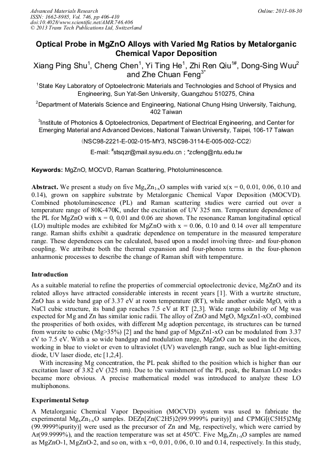 Optical Probe in MgZnO Alloys with Varied Mg Ratios by Metalorganic ...