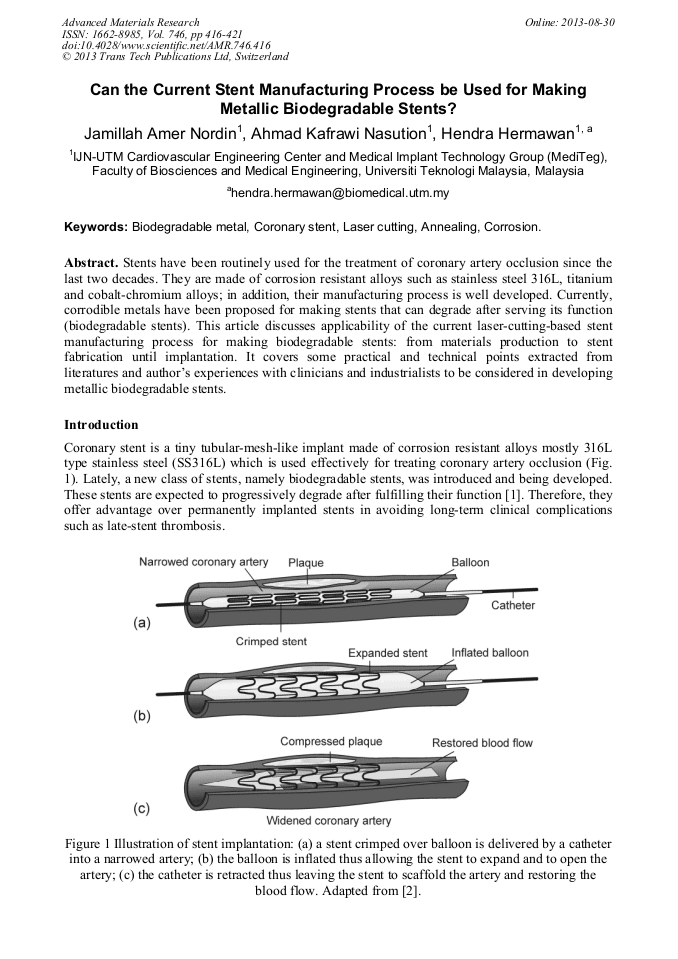Can the Current Stent Manufacturing Process be Used for Making Metallic ...