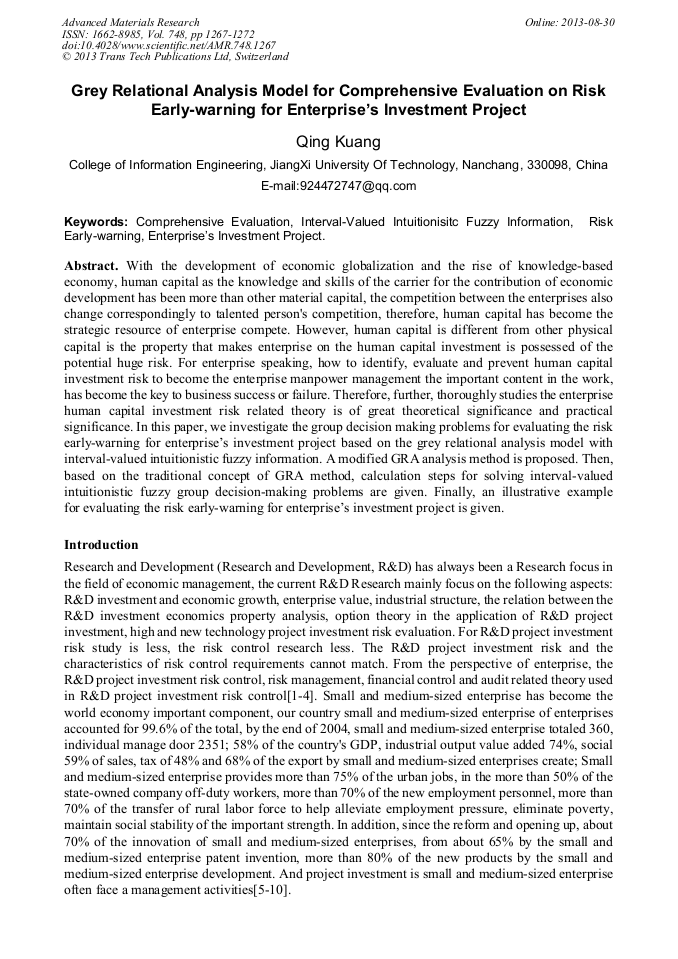 Grey Relational Analysis Model for Comprehensive Evaluation on Risk ...