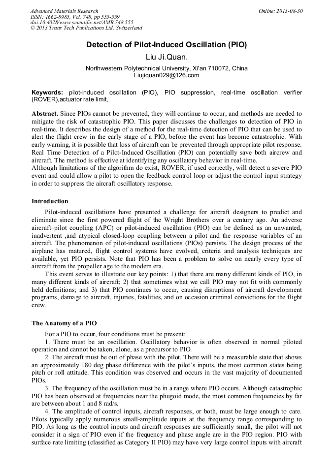 Detection of Pilot-Induced Oscillation (PIO) | Scientific.Net