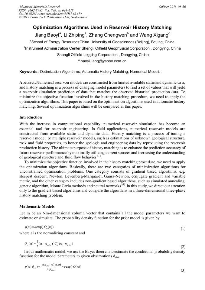 Optimization Algorithms Used in Reservoir History Matching | Scientific.Net