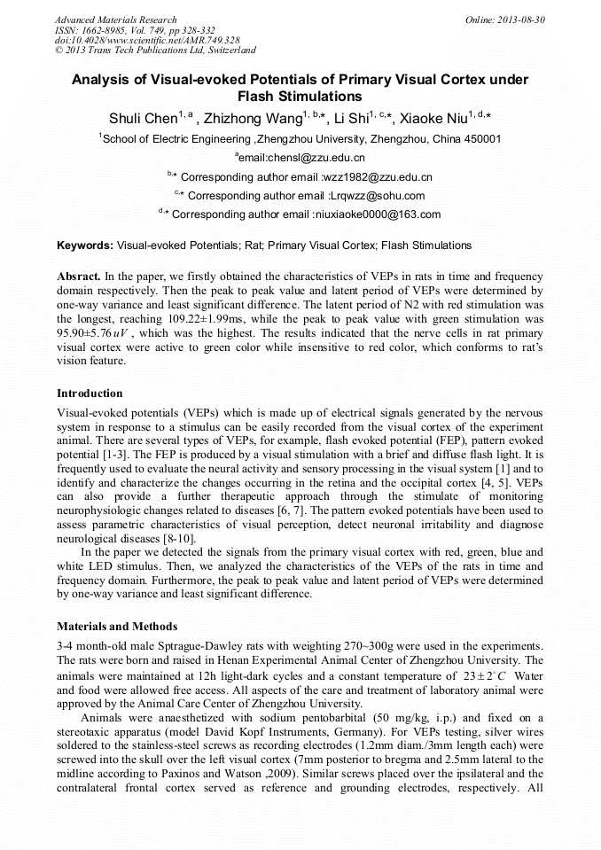 Analysis of Visual-Evoked Potentials of Primary Visual Cortex under ...