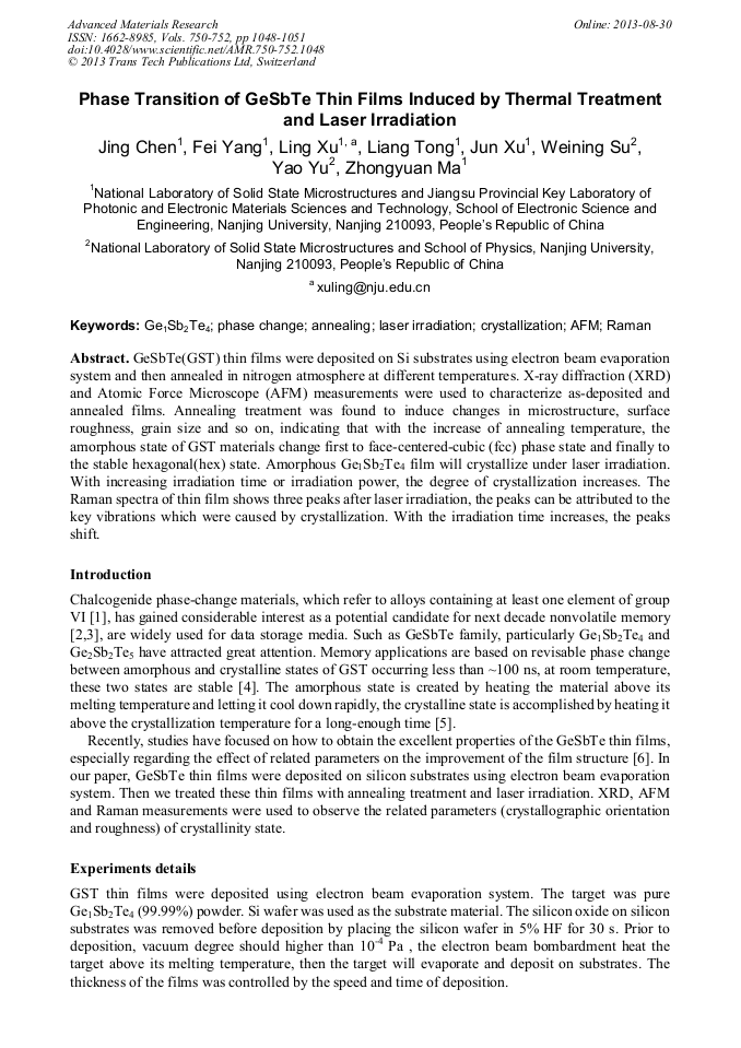 Phase Transition of GeSbTe Thin Films Induced by Thermal Treatment and ...