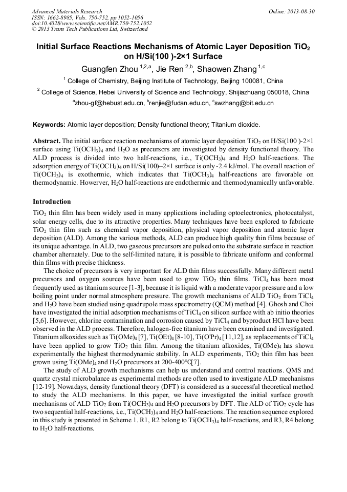 Initial Surface Reactions Mechanisms of Atomic Layer Deposition TiO2 on ...