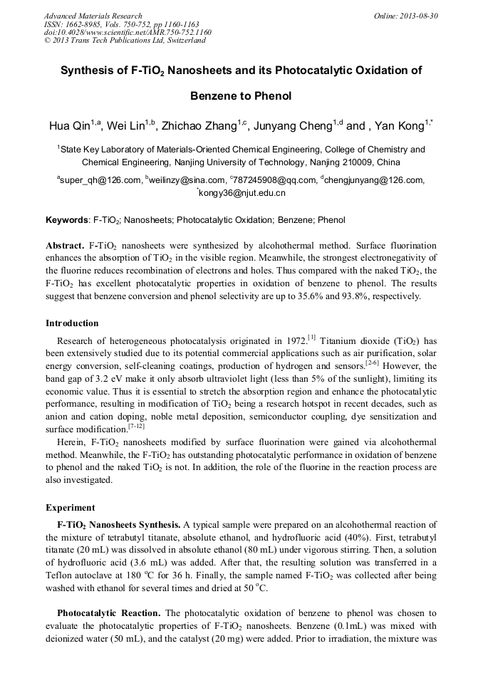Synthesis of F-TiO2 Nanosheets and its Photocatalytic Oxidation of ...